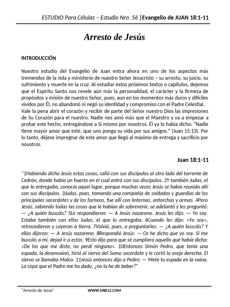Estudio 56 Arresto de Jesus Juan 18 1 - 11 | PDF | Jesús | Juan el apóstol