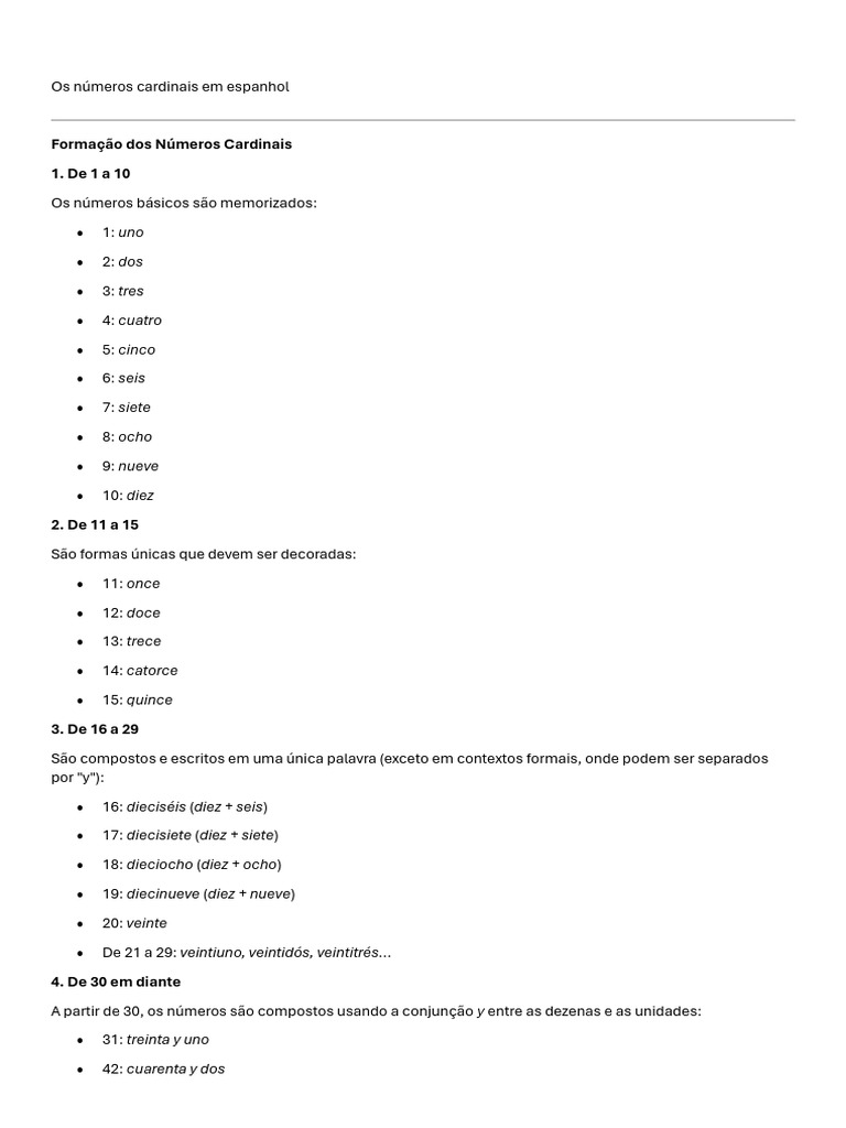 Números Cardinais em Espanhol | PDF