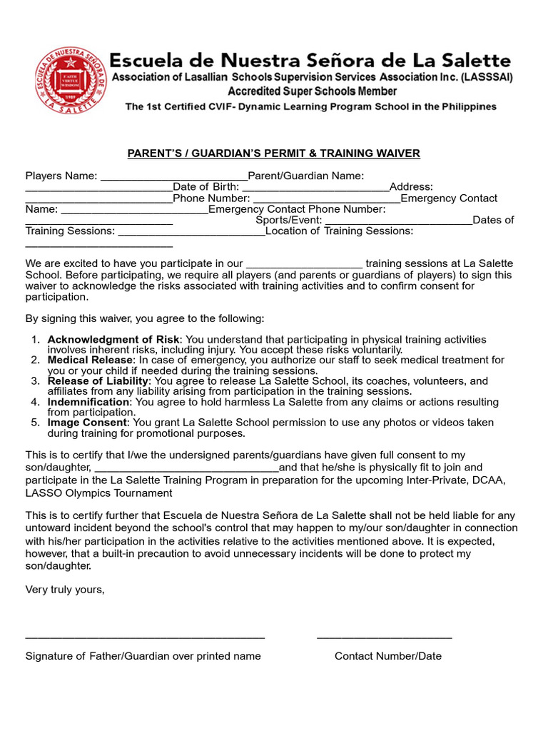 Training Waiver & Consent Form | PDF | Consent | Indemnity