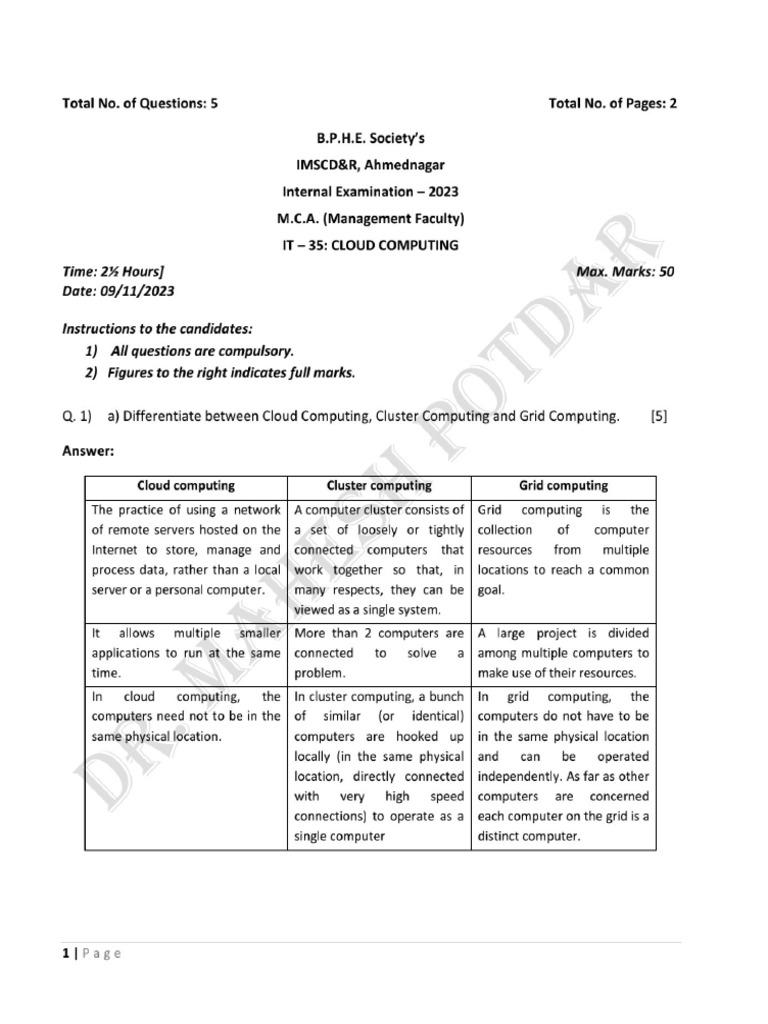 Cloud Computing Solved Internal Question Paper | PDF