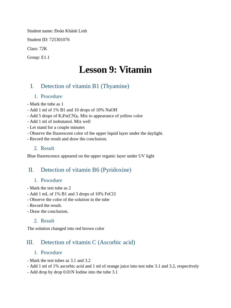 Vitamin and Amino Acid Detection Methods | PDF | Titration | Chemistry