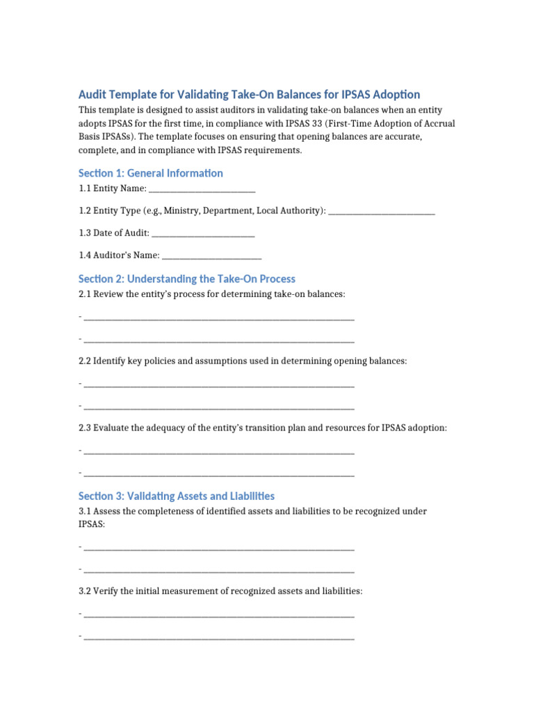 Audit Template Take On Balances IPSAS33 | PDF | Audit | Financial Statement