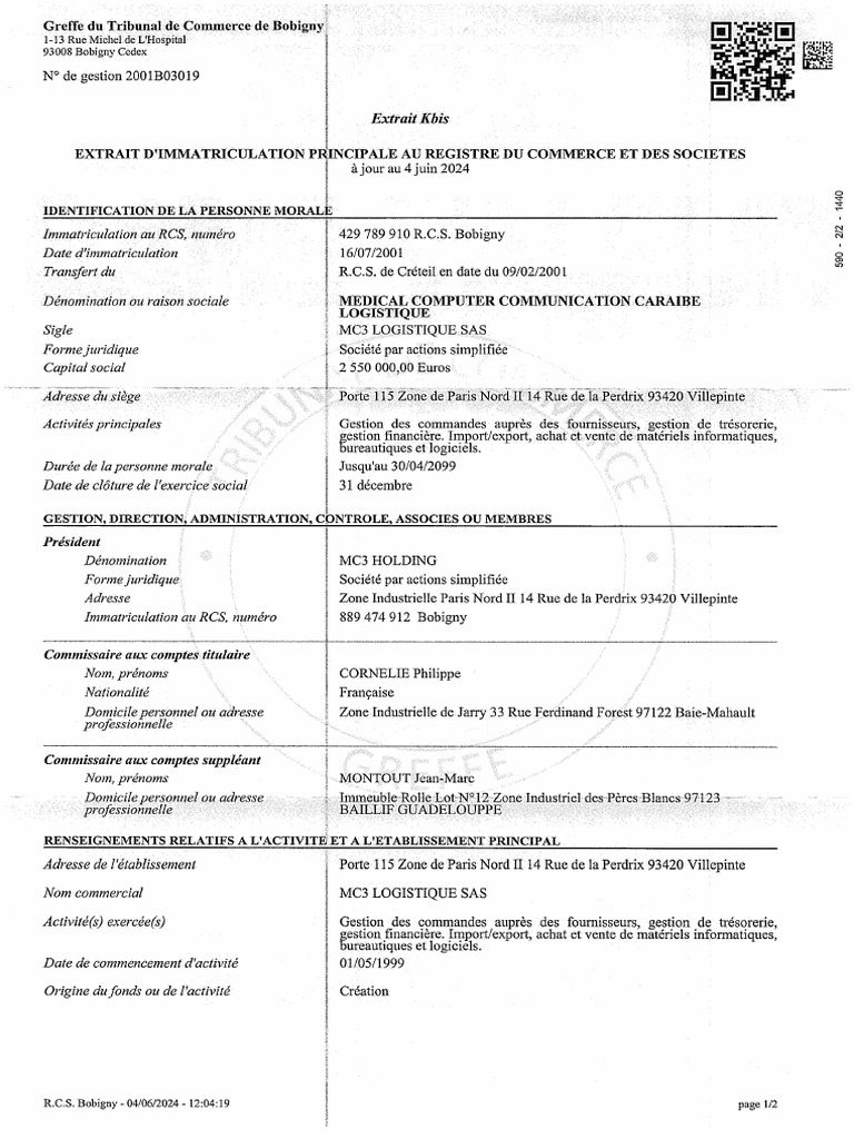 2024.06.04 - MC3 Logistique SAS - Extrait Kbis | PDF