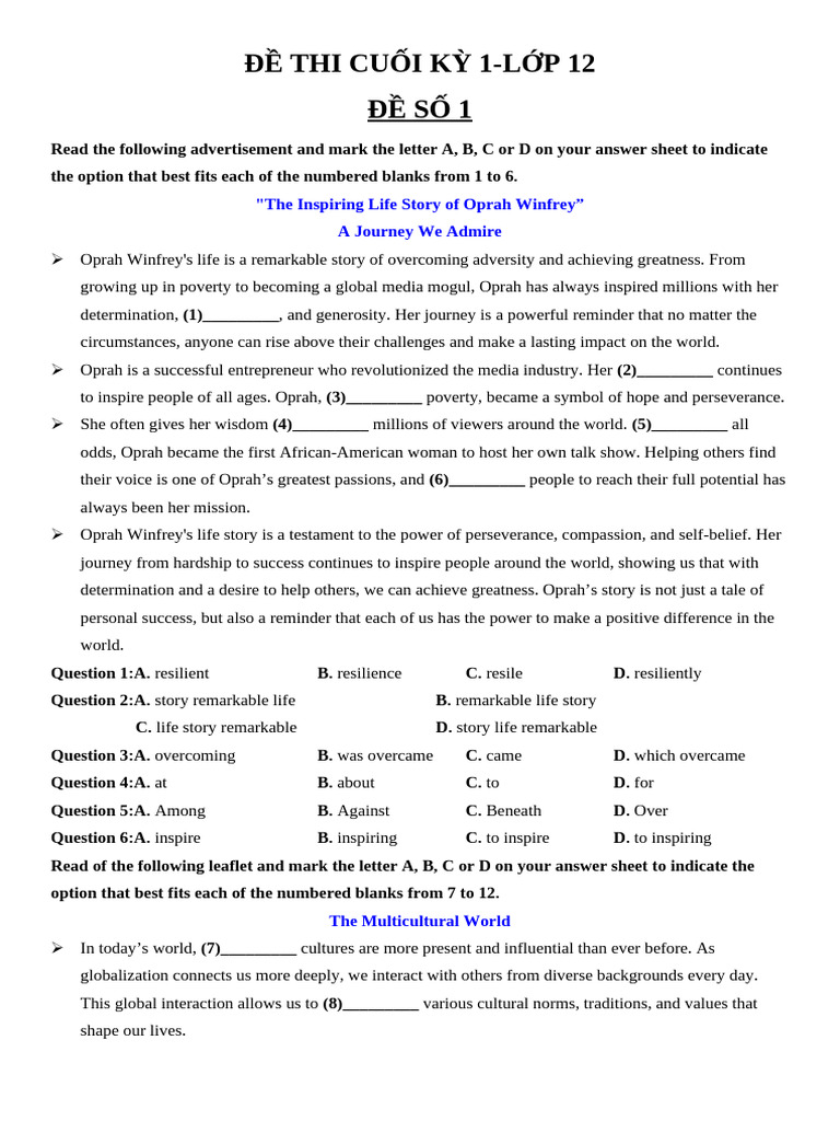 CK1 LỚP 12 ĐỀ 1 | PDF | Urbanization | Multiculturalism