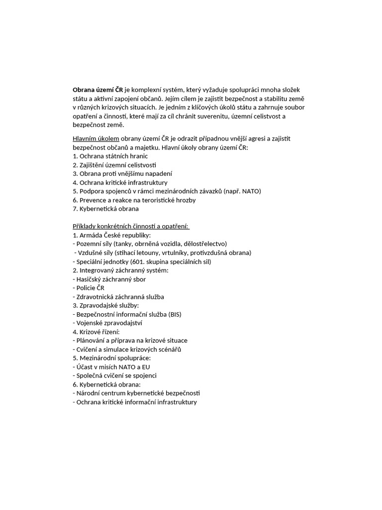 Obrana území ČR je komplexní systém | PDF