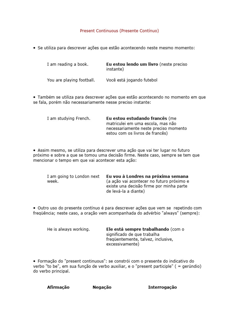 Present Continuous-Presente Contínuo | PDF | Alimentos