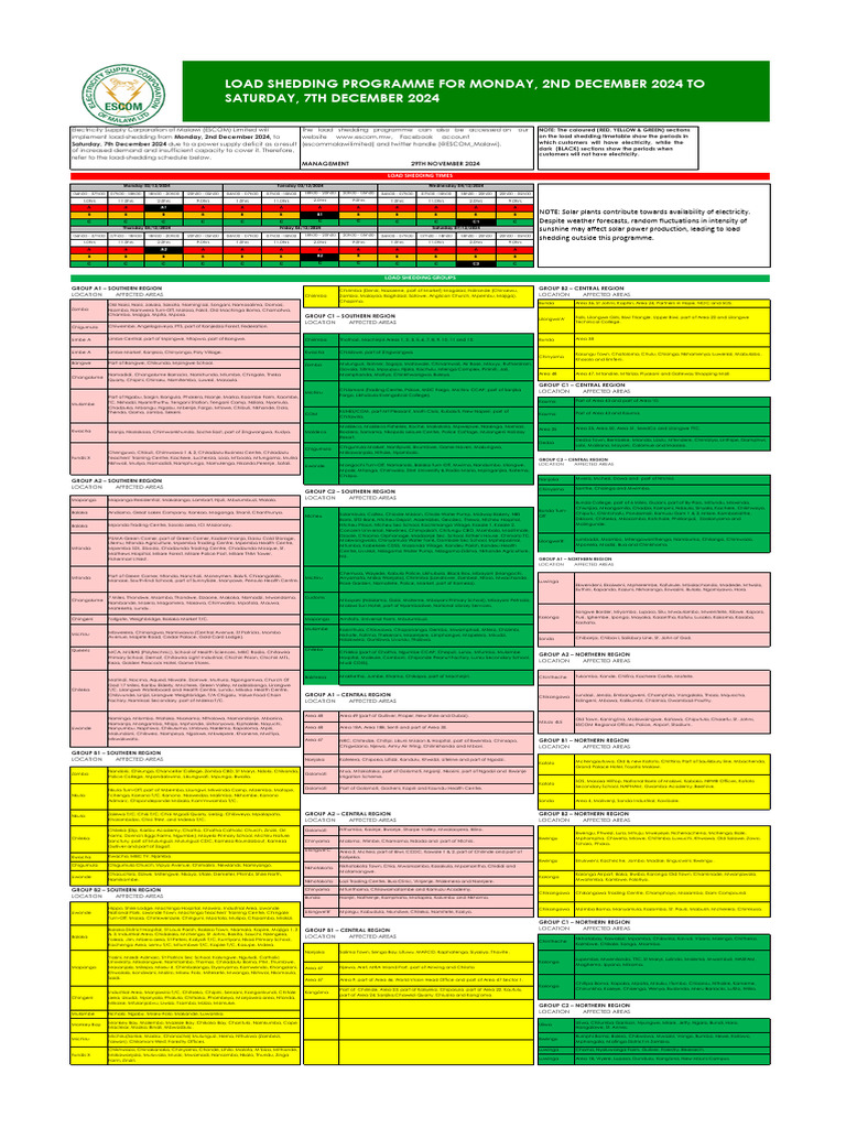 Load Shedding Programme For Monday 2ND December 2024 To Saturday 7TH ...