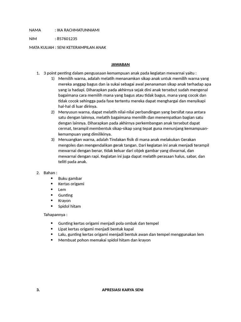 Tugas 3 Seni Keterampilan Anak | PDF