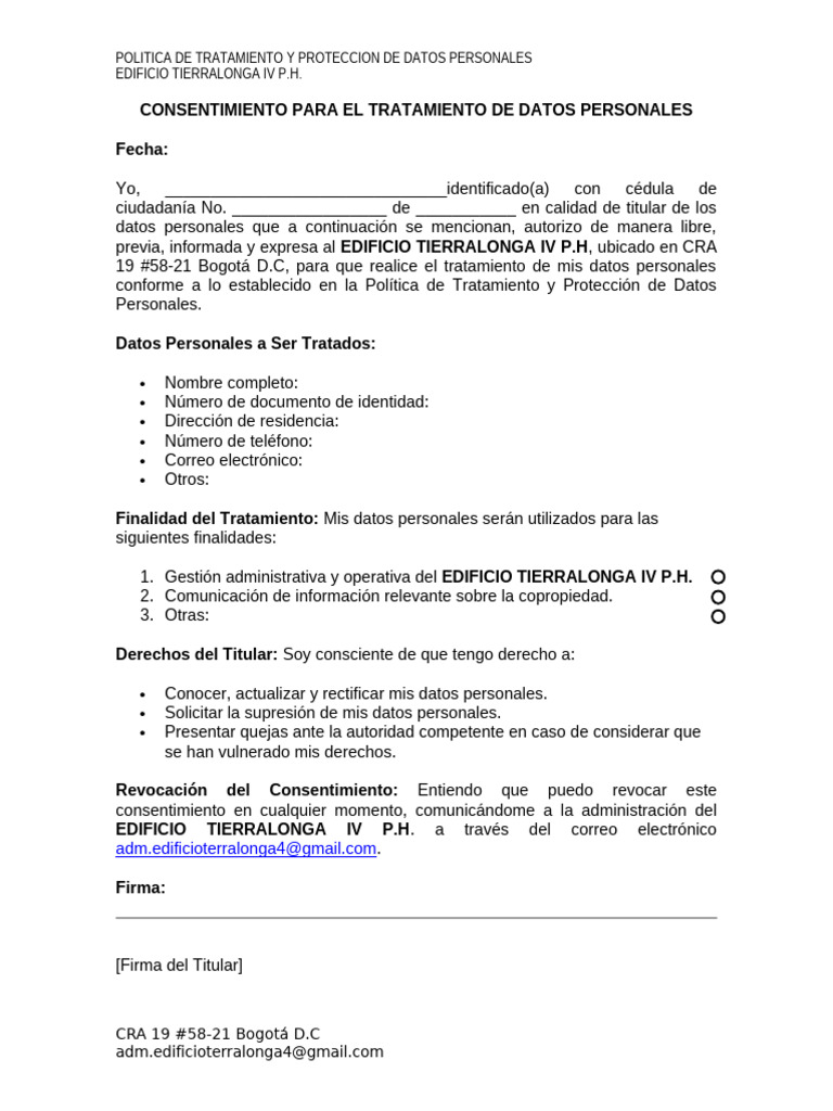 Consentimiento Para El Tratamiento De Datos Personales | PDF
