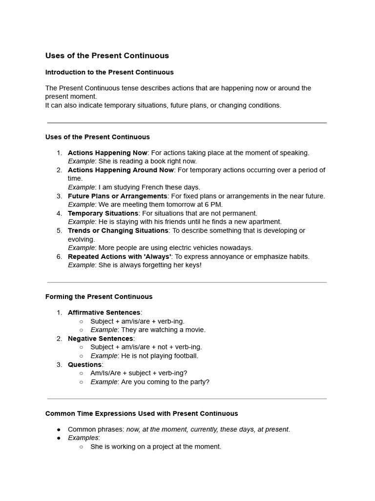 Understanding Present Continuous Uses | PDF | Grammatical Tense | Grammar