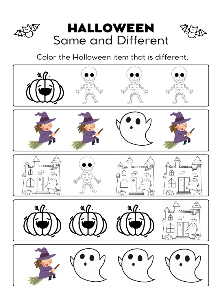 Halloween Same and Different Worksheet in Black and White Cute Style | PDF
