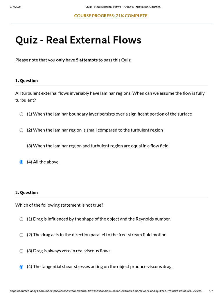 Quiz - Real External Flows - ANSYS Innovation Courses | PDF | Laminar ...