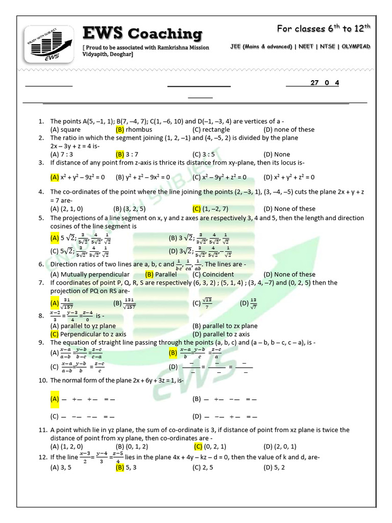 12 Math 3d 1 Test Pdf Cartesian Coordinate System Coordinate System