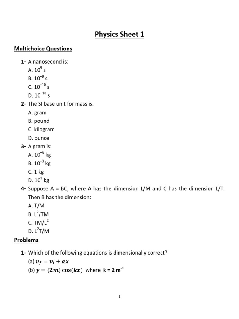 Physics Sheet 1 | PDF | Force | Newton's Law Of Universal Gravitation