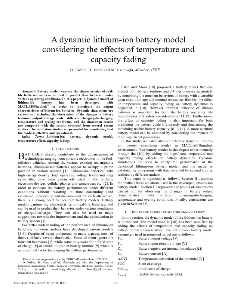 A Dynamic Lithium Ion Battery Model Cons | PDF | Lithium Ion Battery ...