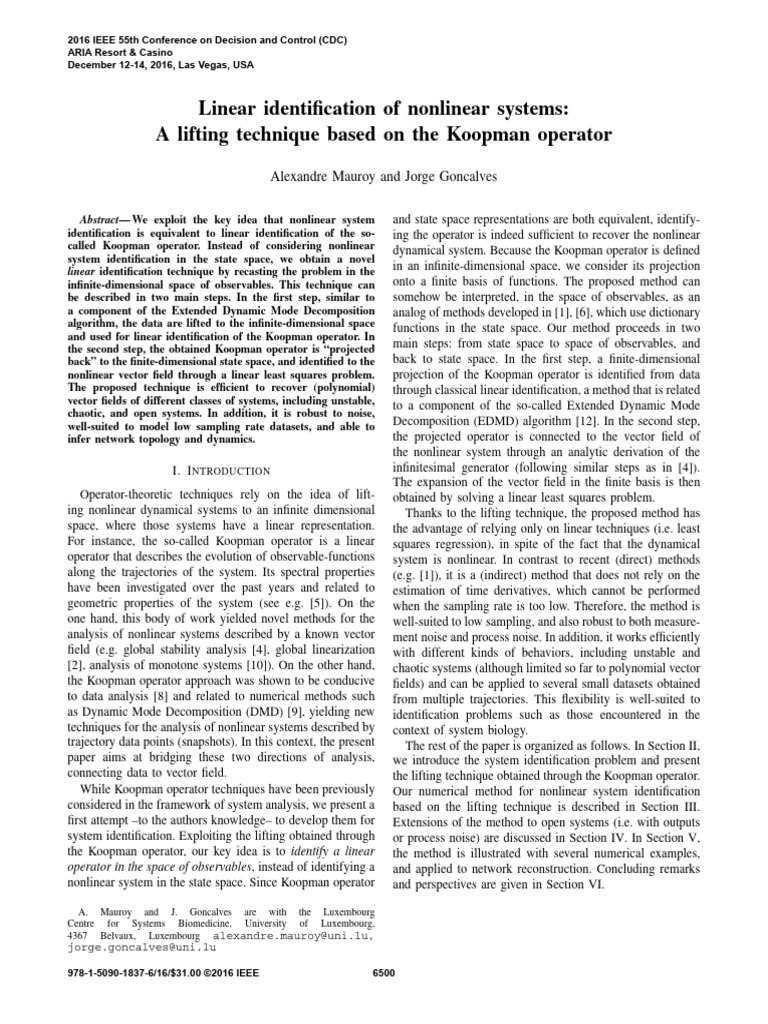 Linear identification of nonlinear systems_ A lifting technique based on the Koopman operator ...