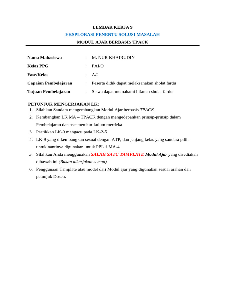 LK 9 - Penyusunan Modul Ajar TPACK (K2) | PDF
