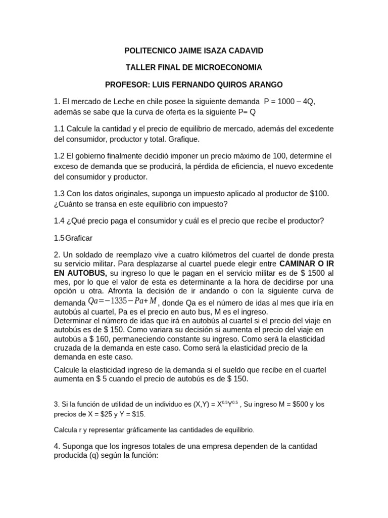 Taller Final Micro 2024 2 | PDF | Excedente económico | Precios