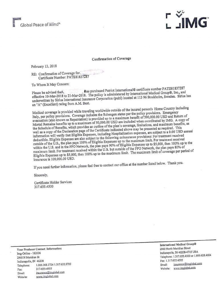 Samples of Schengen Insurance Coverage Letter | PDF