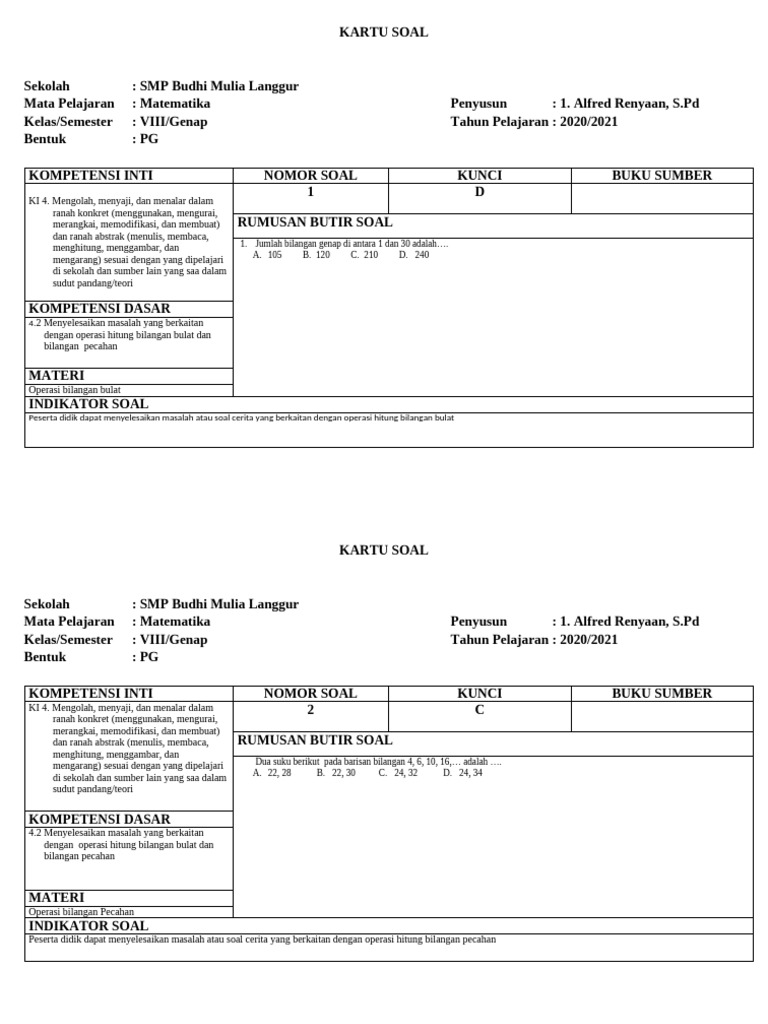 KARTU SOAL BENTUK PG Kelas 8 | PDF