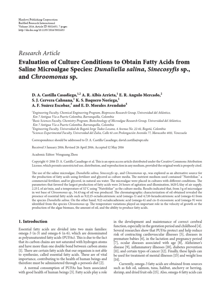 Castilla Casadiego Et Al. - 2016 - Evaluation of Culture Conditions To Obtain Fatty Acids From ...