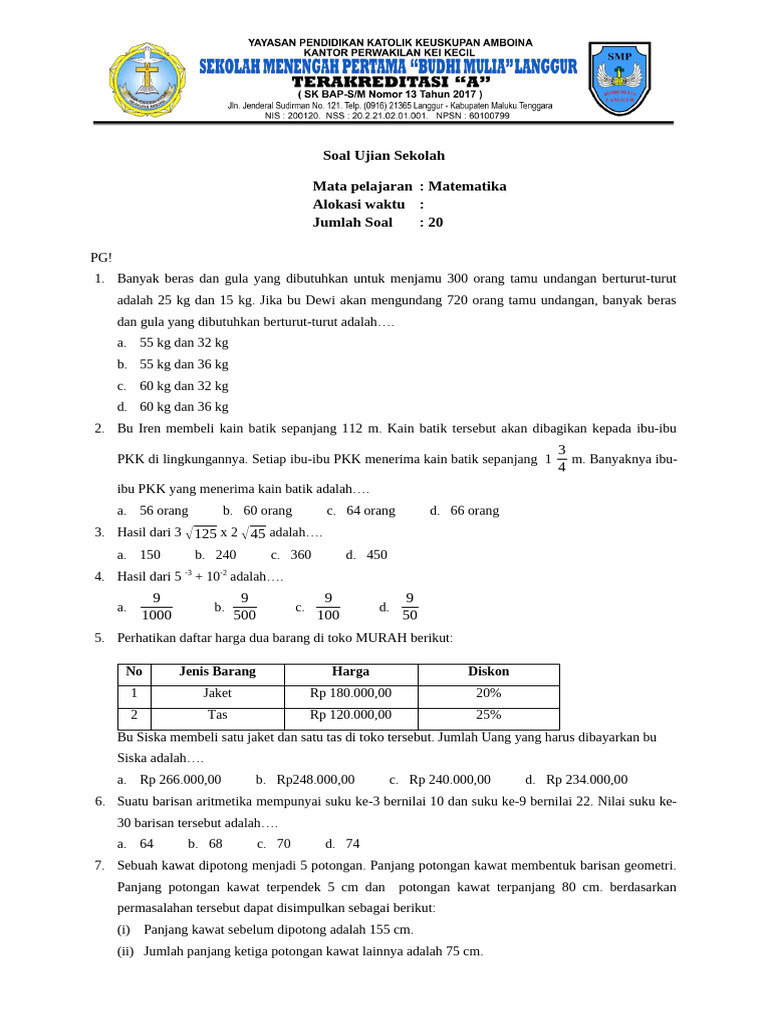 Soal Ujian Sekolah Matematika | PDF