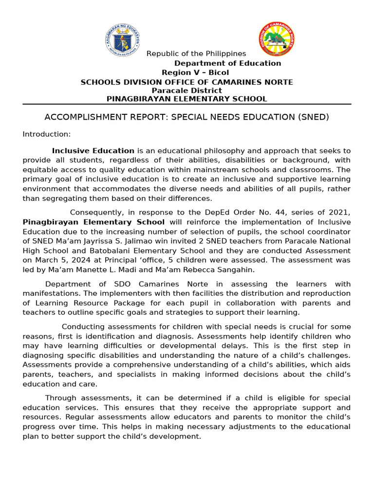 SNED Accomplishment Report 2024 | PDF | Inclusion (Education) | Special ...