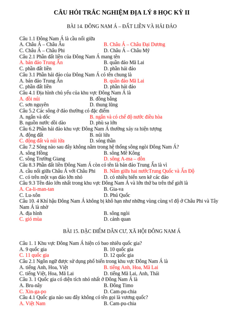 300 Cau Hoi Trac Nghiem Dia Ly 8 Hoc Ky 2 | PDF