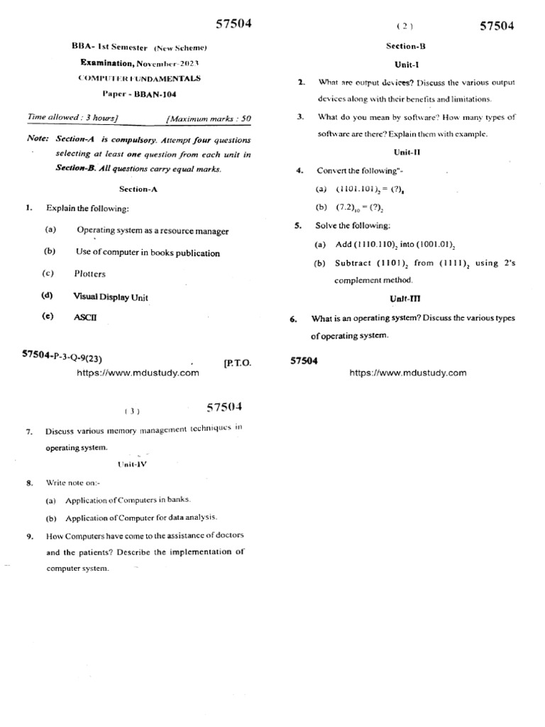 Bba 1 Sem Computer Fundamentals 57504 Nov 2023 | PDF