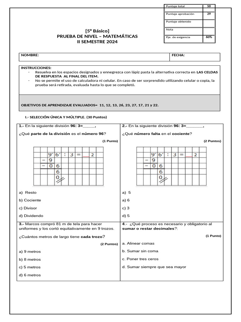 Prueba de Nivel (II Semestre), 5° Básico, Matemáticas | PDF | División ...
