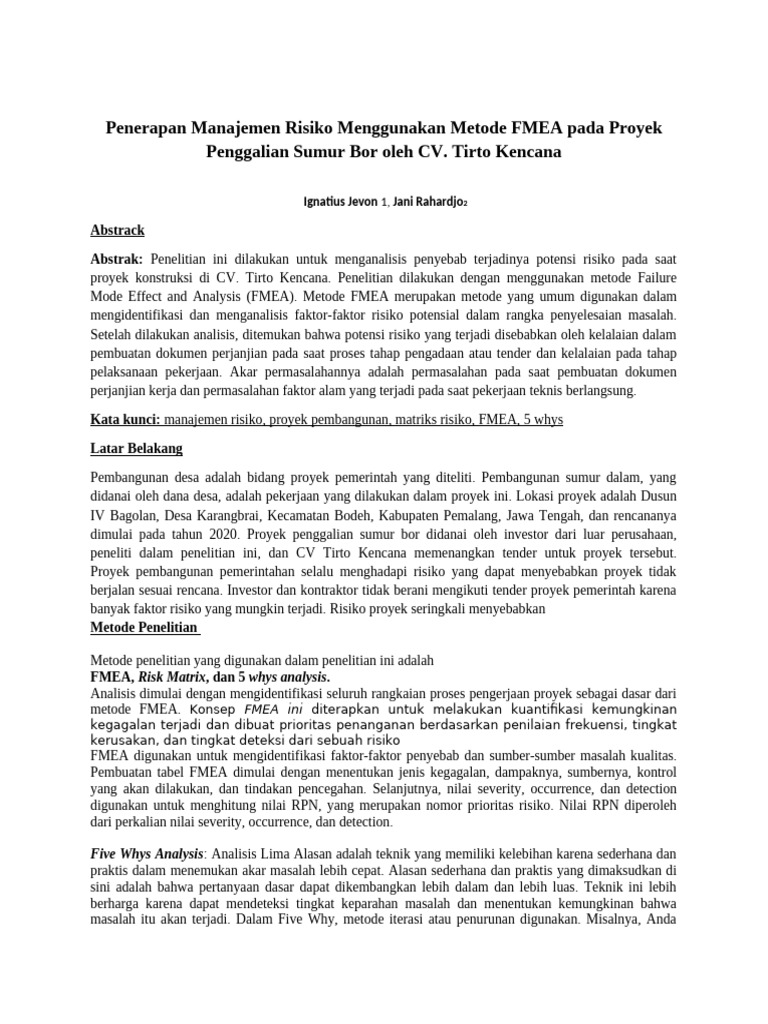 Penerapan Manajemen Risiko Menggunakan Metode FMEA Pada Proyek ...