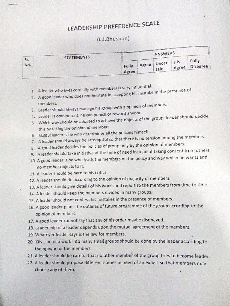 Leadership Preferance Scale (L. I Bhushan) | PDF