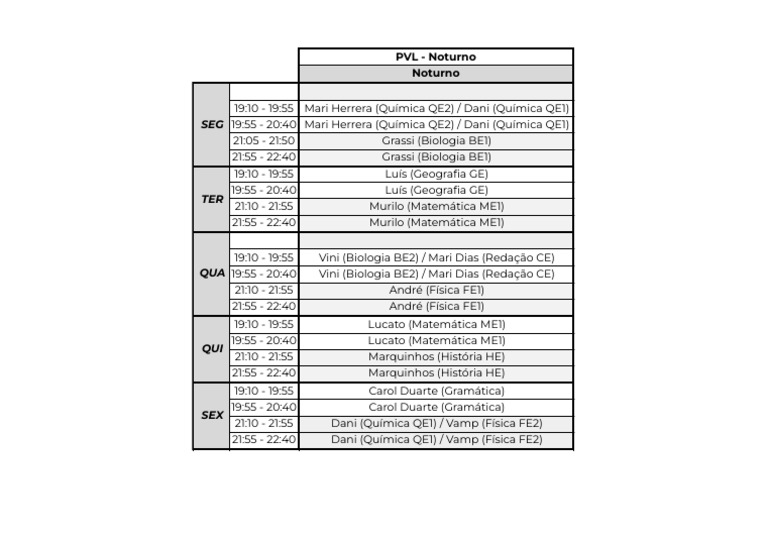 Horario PVL Noturno | PDF