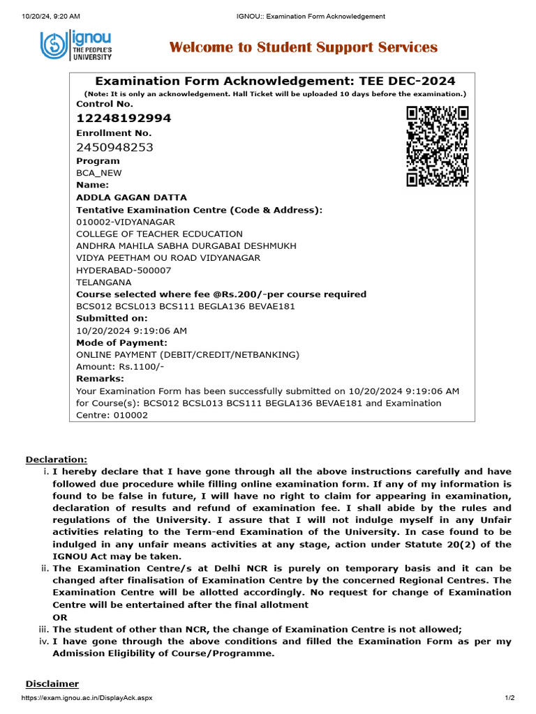 IGNOU__ Examination Form Acknowledgement GAGAN | PDF