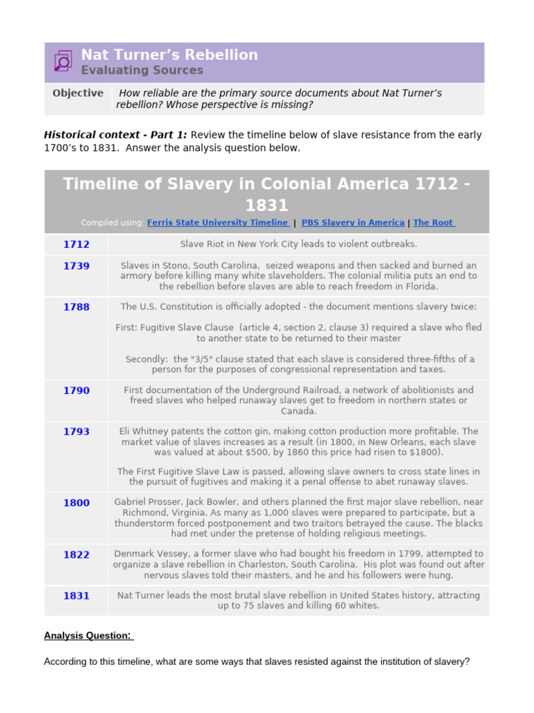 Evaluating Sources - Nat Turner's Rebellion - 3.0 | PDF | Slavery In ...