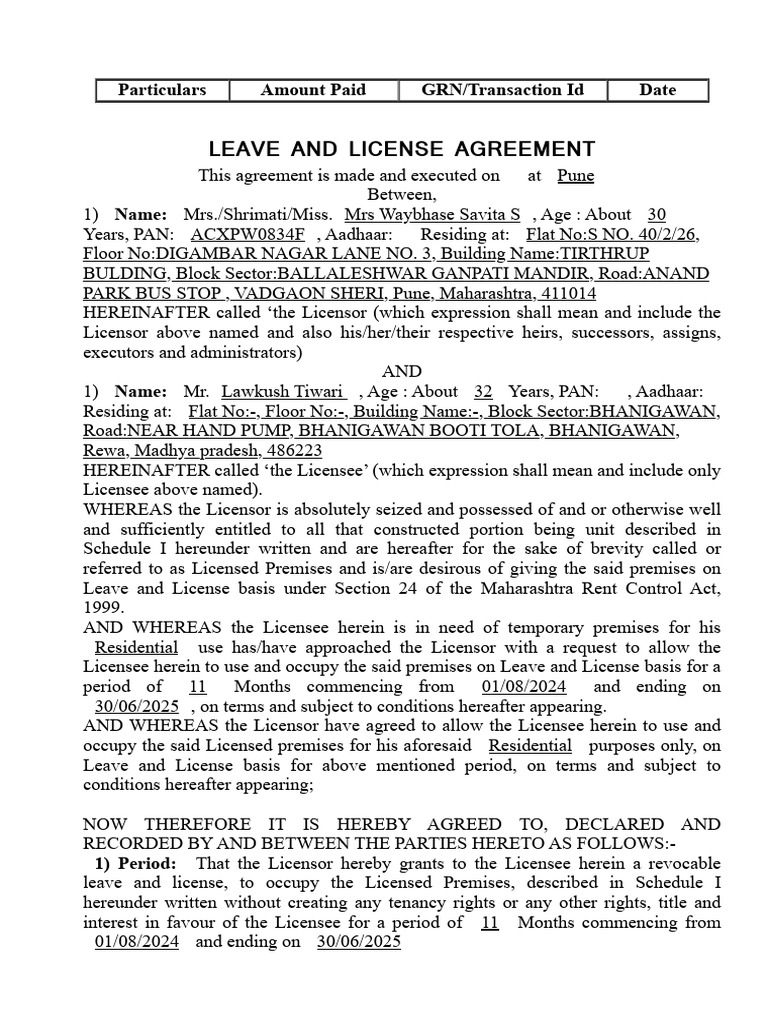 Leave and License Agreement Template | PDF | License | Landlord