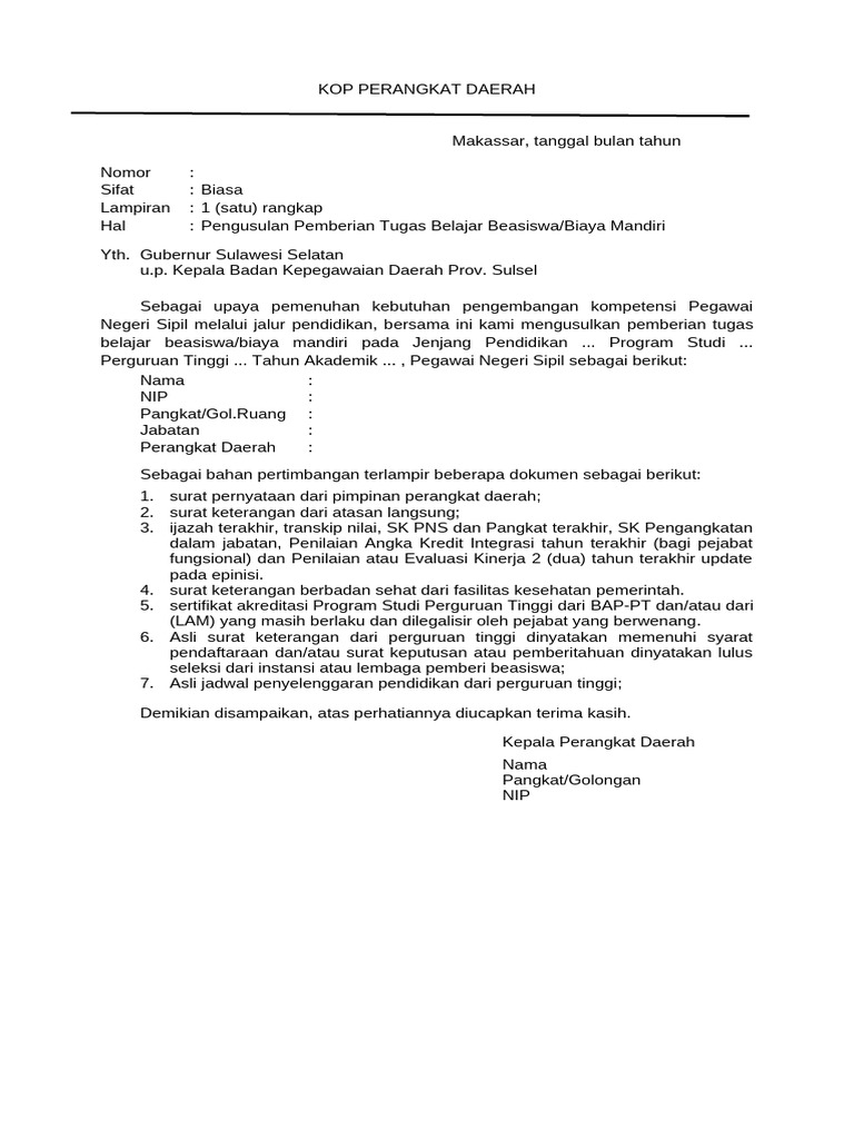 Usulan Beasiswa Tugas Belajar PNS | PDF