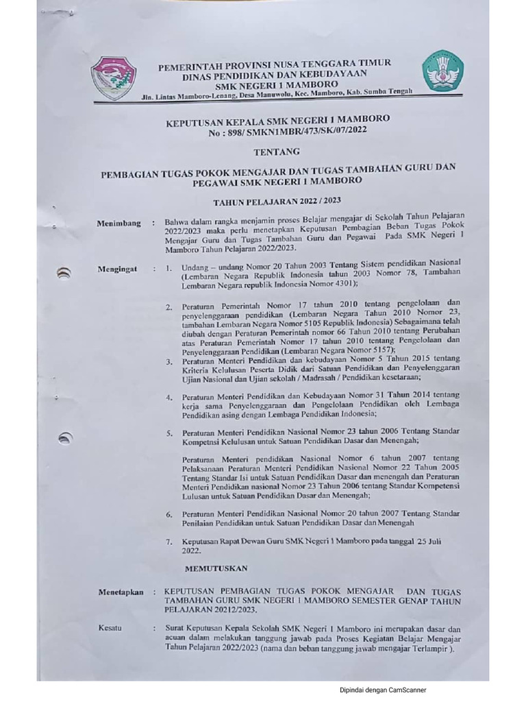 SK Pembagian Tugas - 2022-2023 | PDF