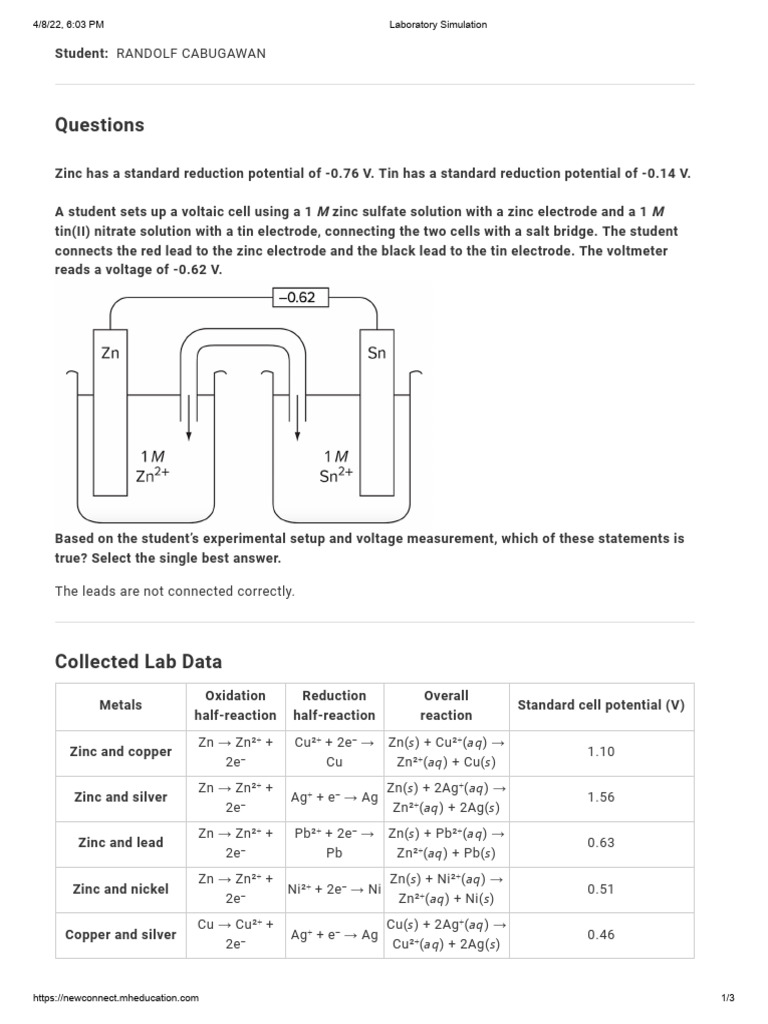 Voltaic Cell Experiment Analysis | PDF | Redox | Zinc
