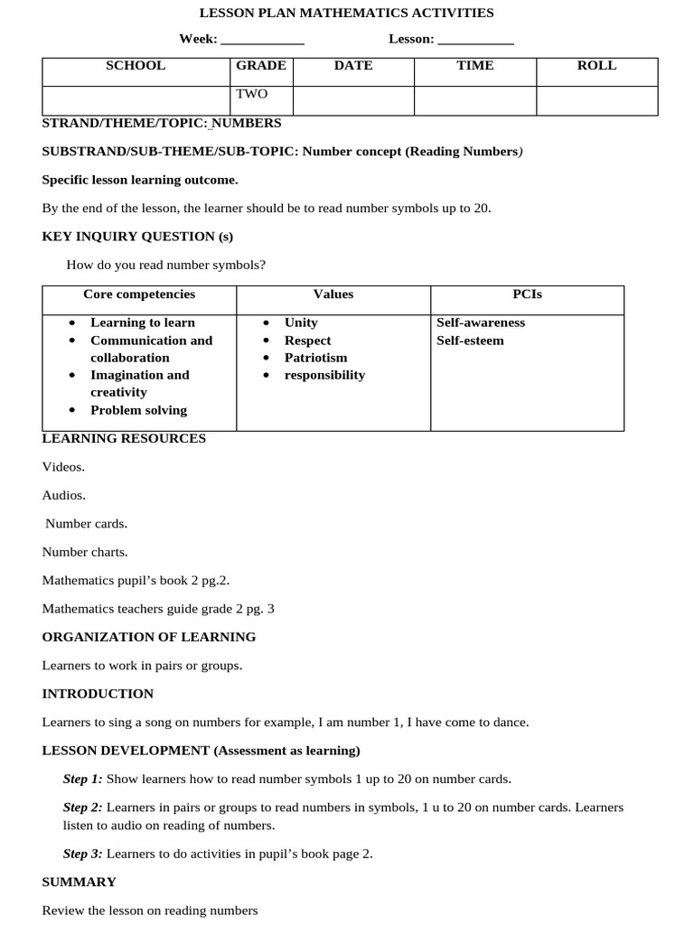 GRADE 2 Mathematics Activities Term 1 Lesson Plans Word Format | PDF ...