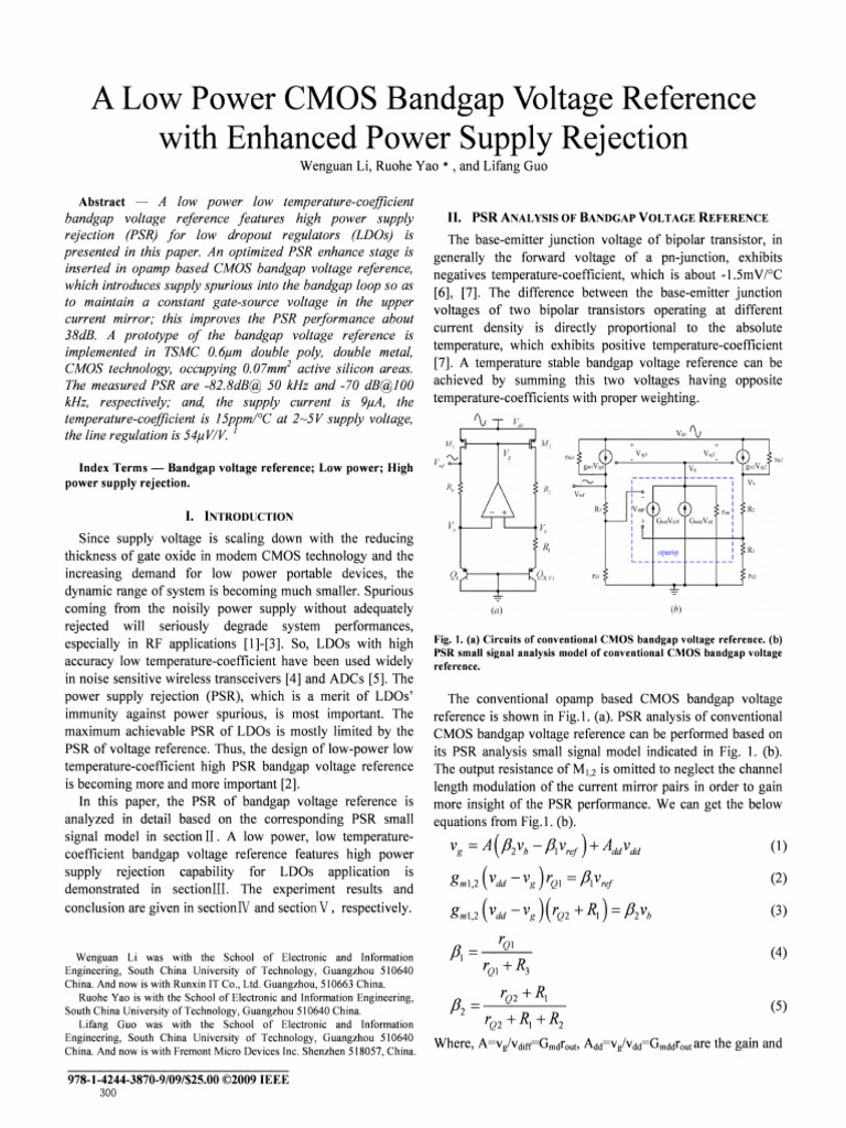 A Low Power CMOS Bandgap Voltage Reference With Enhanced Power Supply Rejection | PDF | Cmos ...