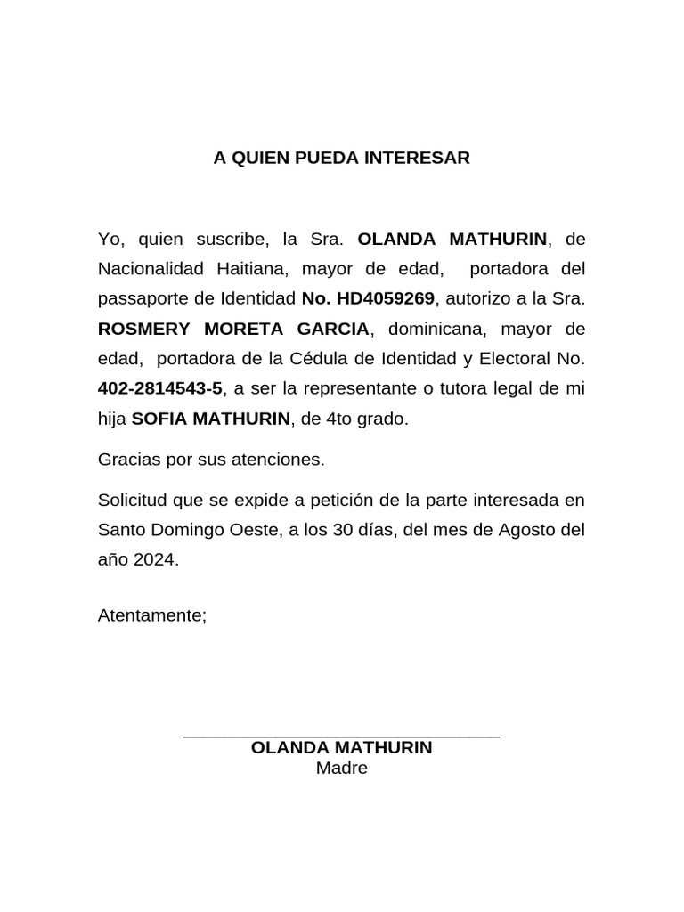 Carta de Autorizacion de Tutora | PDF