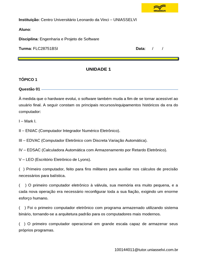 Engenharia e Projeto de Software - Exercício Unid 01 - Alunos | PDF | Programas | Engenharia de ...