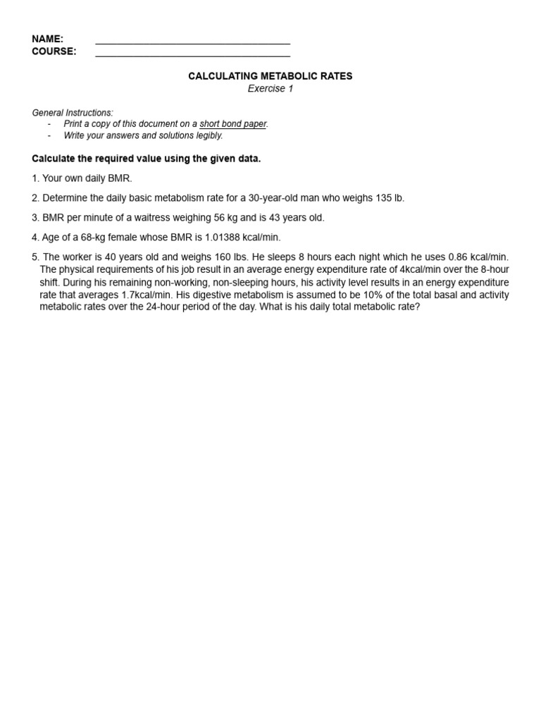EXERCISE 1 Calculating Metabolic Rates | PDF