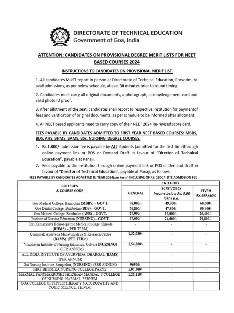 NEET 2024 Goa Provisional Merit List | PDF | Qualifications ...