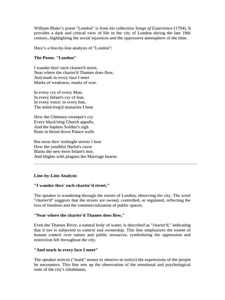 Line by Line Analysis of London by William Blake | PDF