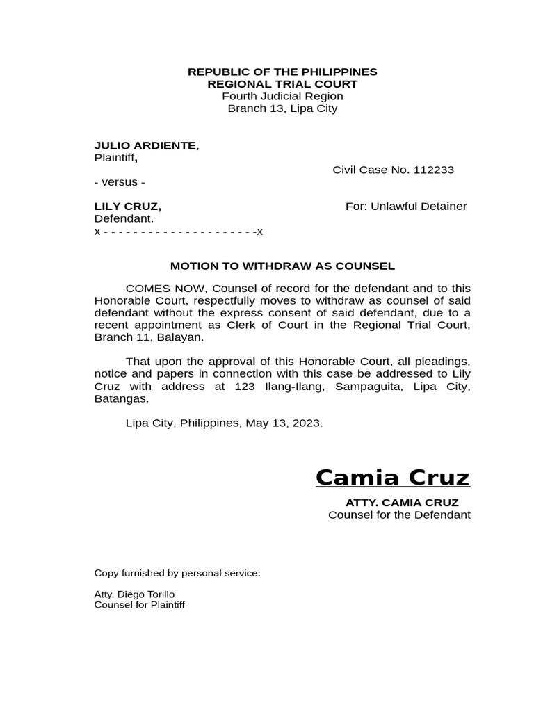 Form No. 67 - Motion To Withdraw As Counsel Without The Conformity of The Client | PDF