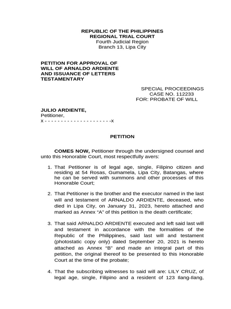 Form No. 65 - Petition for the Probate of Will and the Issuance of ...