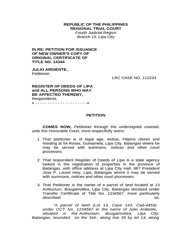 Petition for New Owner's Title Copy | PDF | Affidavit | Deed