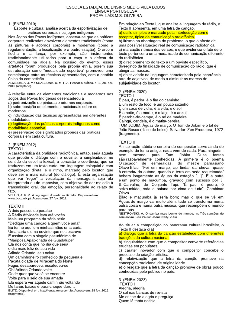 Intertextualidade Questões Enem | PDF